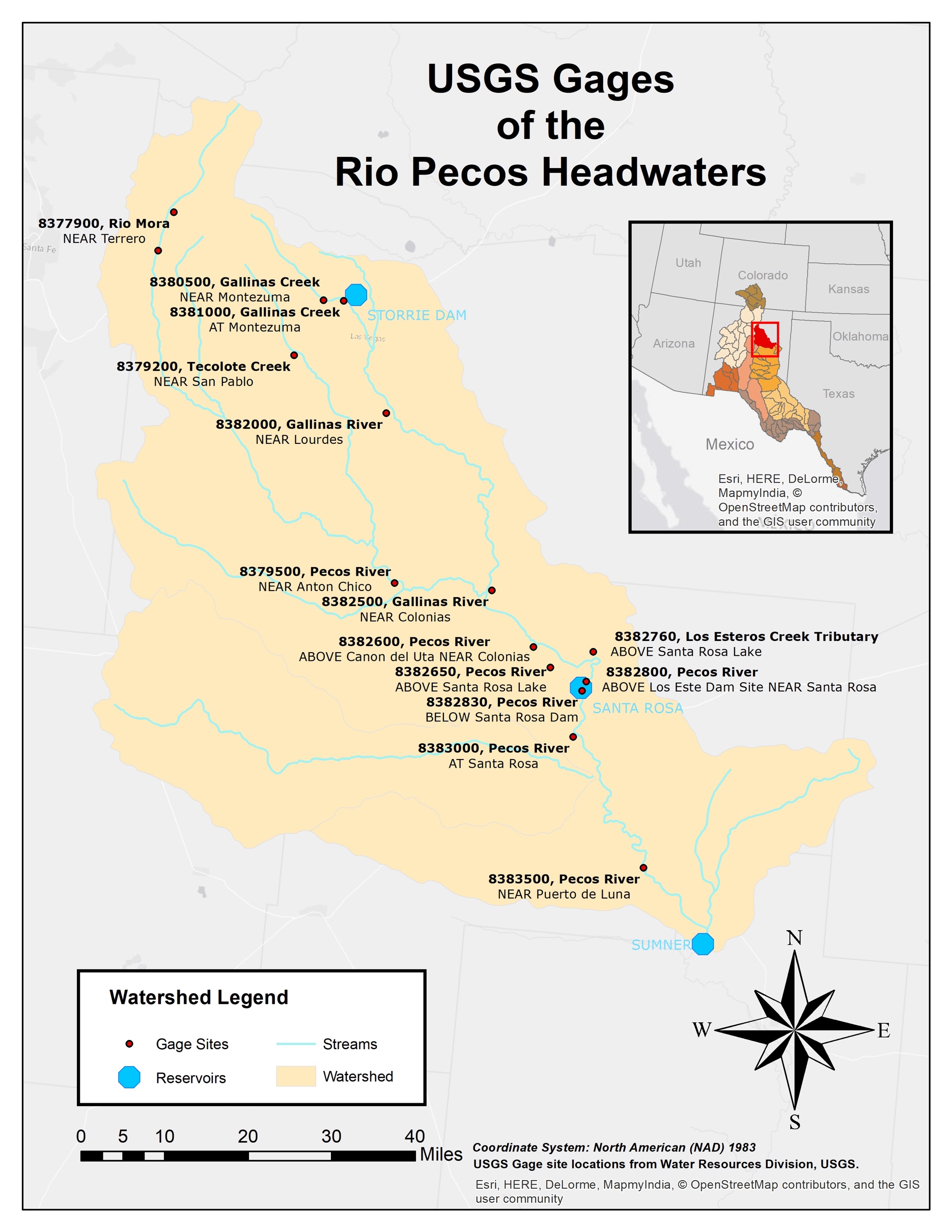 Figure 1. Rio Pecos Headwaters, Reservoirs and USGS Gages